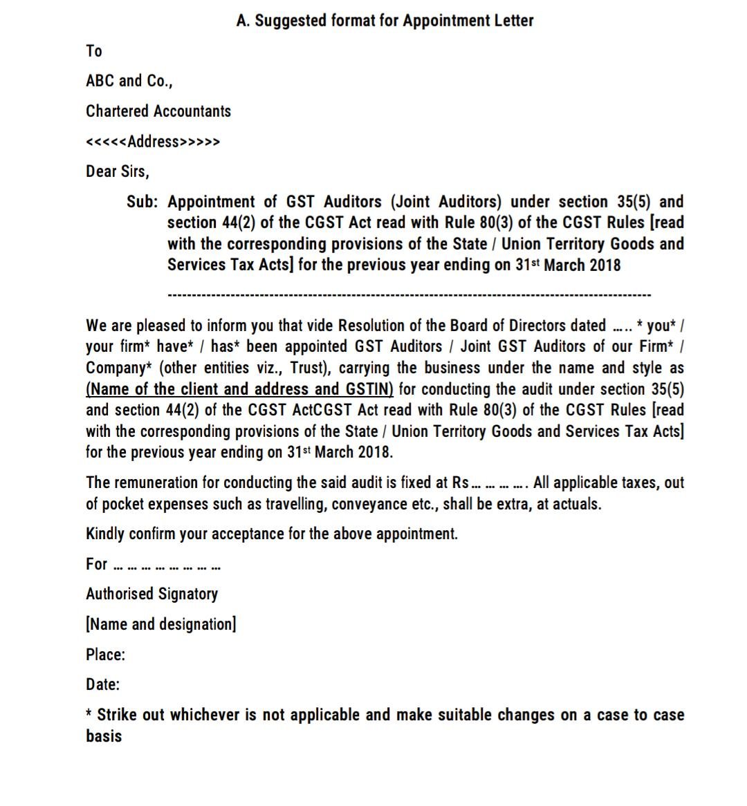 GST Auditor Appointment Letter Format
